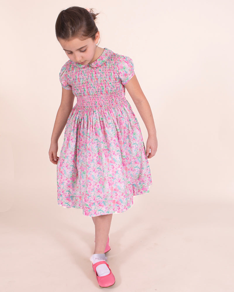 Emma Liberty Hollyhocks Pink Smocked Dress FLEURISSE
