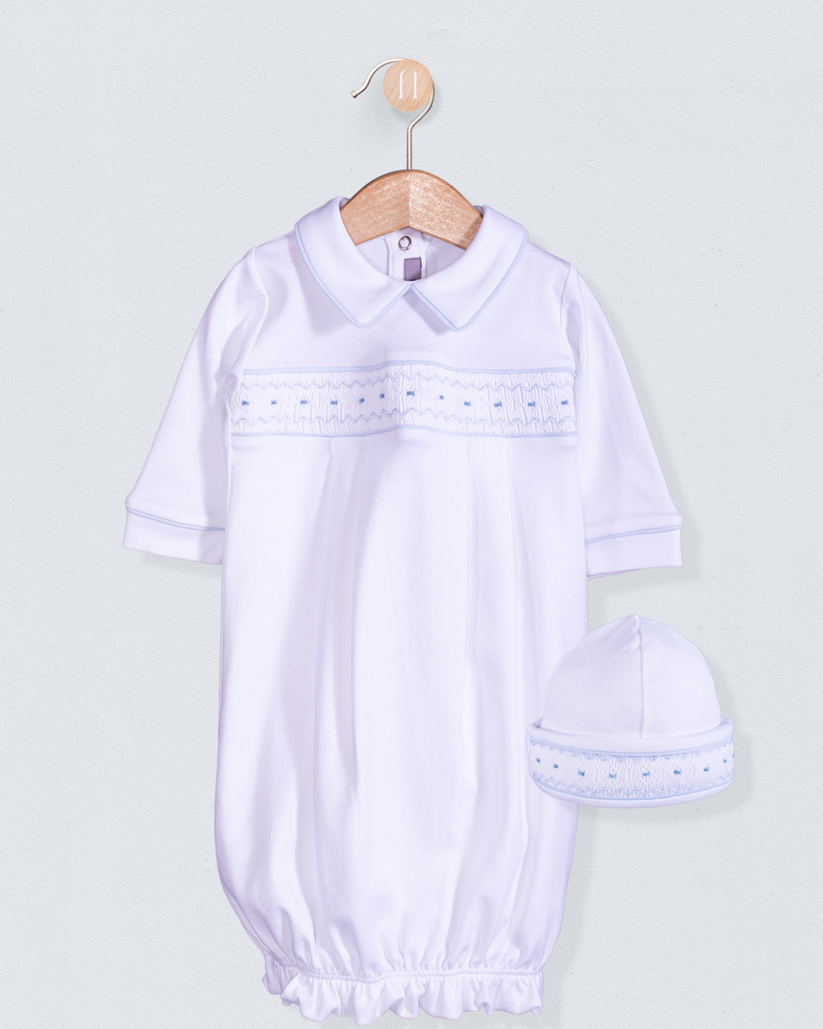 Bris Pima White Smock Collared Gown and Hat Set FLEURISSE